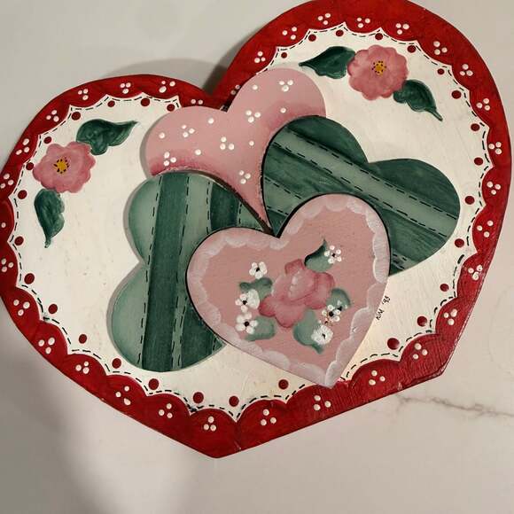 Handmade | Wall Decor | Vintage Handpainted Folk Art Wooden Heart ...